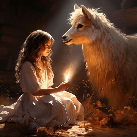 Premium Ai Image An Image Of A Girl Sitting With A Llama In The Style Of Realistic Yet Romantic