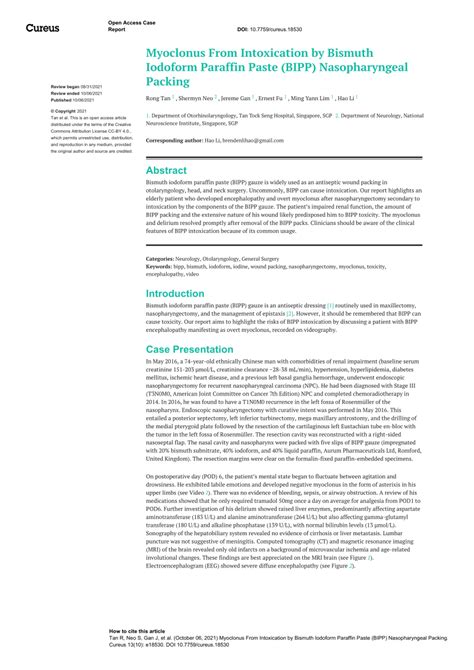 Pdf Myoclonus From Intoxication By Bismuth Iodoform Paraffin Paste Bipp Nasopharyngeal Packing