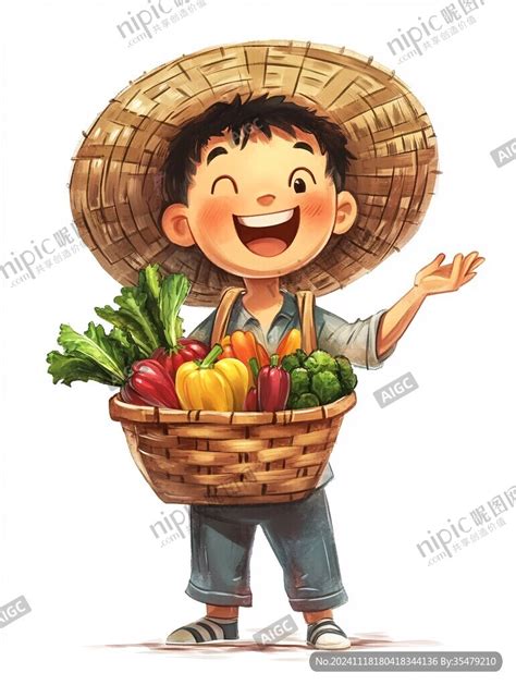 Ai创作图抱着农产品的人物 卡通农民小哥 开心小农夫头像 捧果篮的男孩 Q版卡通农民 卡通小农夫 Q版农民形象 丰收季节人物 卡通卖水果的小