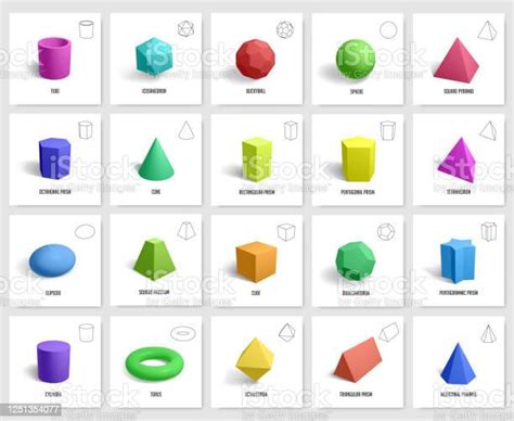 사실적인 3d 기하학적 모양 기본 지오메트리 프리즘 큐브 실린더 피규어 기하학적 다각형 및 육각형 모양 벡터 일러스트 아이콘 세트 3차원 형태에 대한 스톡 벡터 아트 및