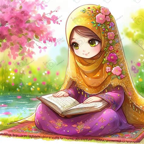 بک گراند کودکانه دختر ناز با روسری طلایی و لباس بنفش در حال قرآن خواندن در باغ کد 41193 ویژه عکس