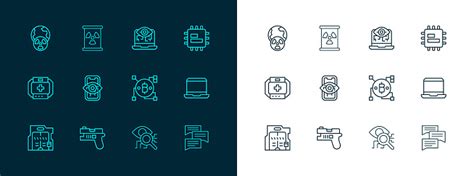 세트 라인 프로세서 Cpu 미래 무기 블록 체인 기술 비트 코인 눈 스캔 컴퓨터 비전 행성 지구와 방사선 및 방사성 폐기물 배럴 아이콘 벡터 Cpu에 대한 스톡 벡터 아트