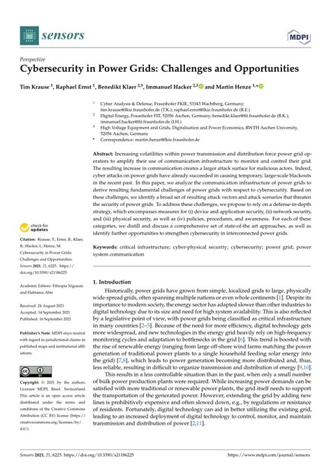 Pdf Cybersecurity In Power Grids Challenges And Opportunities