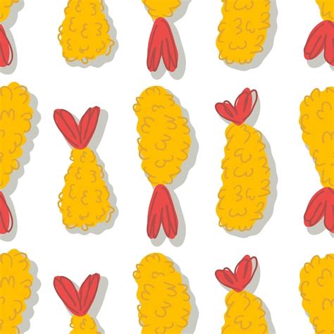 Ebi Furai 튀김 새우 튀김 낙서 원활한 패턴 Tshirt 종이 섬유 및 직물에 대한 완벽한 인쇄 장식 및 디자인을 위한 손으로 그린 벡터 배경 프리미엄 벡터