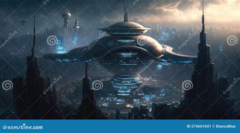 Science Fiction Fantasy World Cityscape Skyline With Futuristic Building Architecture Stock