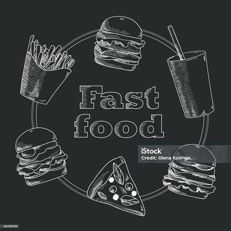 손으로 그린 패스트 푸드 그림입니다 소다 피자 버거 감자 튀김 그림 패스트 푸드 벡터 손으로 그린 세트입니다 라벨 메뉴 포스터 배너 바우처 쿠폰에 적합 0명에 대한 스톡