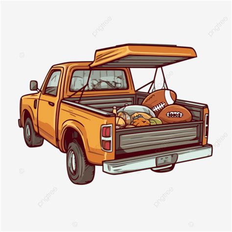 축구 시즌 만화를 위한 간식이 있는 주황색 픽업 트럭 뒷문 클립 아트 벡터 뒷문 클립 아트 만화 Png 일러스트 및 벡터