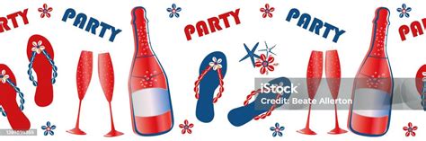 파티 플립 플롭 신발 벡터 테두리 빨간색 파란색 흰색 배너 텍스트 샌들 샴페인 병 안경 별물고기 해변 이나 휴가 테마 축하 개념에 대 한 활기찬 미국 색상 디자인 개오지조개