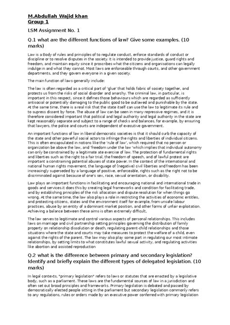 Lsm Assignment What Are The Different Functions Of Law M Wajid Khan Group 1 Lsm Assignment