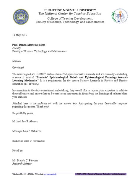 Letter For Validation Pdf Science Education Science