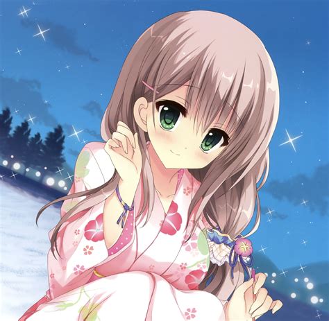 Anime Girl Brown Hair Brown Hair Green Eyes Cute Pink Background The