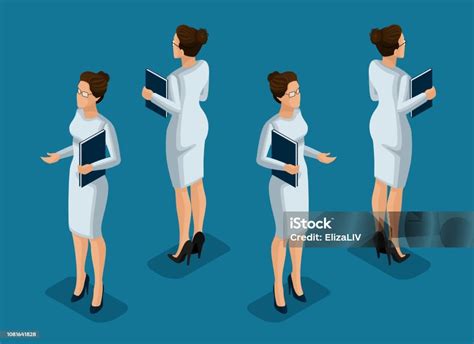 아이소메트리는 비즈니스 여성 이다 3d 여자 회사원 사업 회색 정면 및 후면 보기 드레스 벡터 일러스트 레이 션에 대 한 인간의 아이콘 경영자에 대한 스톡 벡터 아트 및