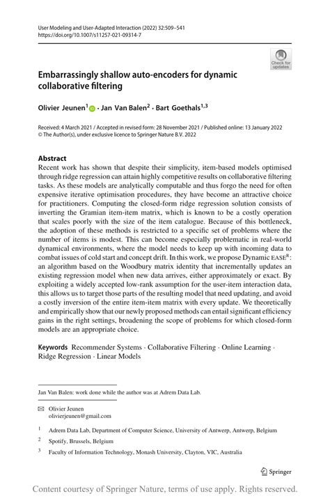 Embarrassingly Shallow Auto Encoders For Dynamic Collaborative Filtering Request Pdf