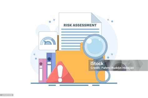 위험 평가 개념 돋보기와 경고 표시가 있는 문서 잠재적 위험의 수준을 분석하고 손실을 통제하거나 제한합니다 배경에 평면 벡터 일러스트 디자인 검사 보기에 대한 스톡 벡터