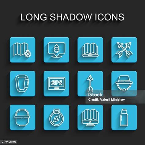 라인 캠핑 냄비 나침반 지도상의 숲 위치 모니터 매점 물병 Gps 장치 모자 및 힙 스터 화살표 아이콘을 설정합니다 벡터 강철에