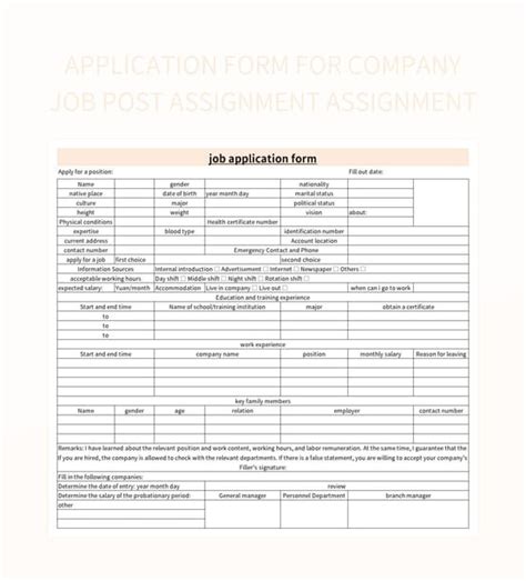 Application Form For Company Job Post Assignment Assignment Excel