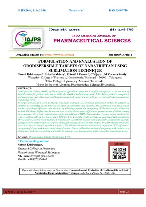 Pdf Formulation And Evaluation Of Orodispersible Tablets Of Naratriptan Using Sublimation