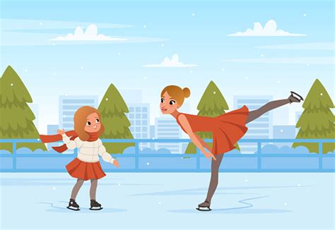 젊은 여자 와 소녀 아이스 스케이팅 에 링크 와 도시 풍경 배경 장면 벡터 일러스트 아이스 스케이팅에 대한 스톡 벡터 아트 및