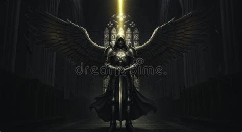 Dark Angel Warrior With Wings In Gothic Cathedral Stock Illustration