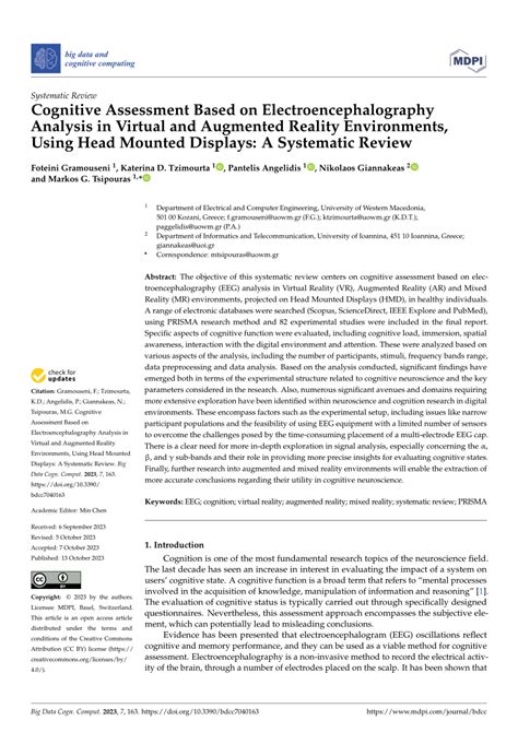 Pdf Cognitive Assessment Based On Electroencephalography Analysis In Virtual And Augmented