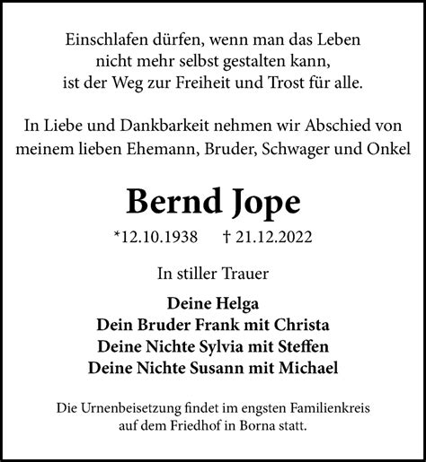 Traueranzeigen Von Bernd Jope Trauer Anzeigen De