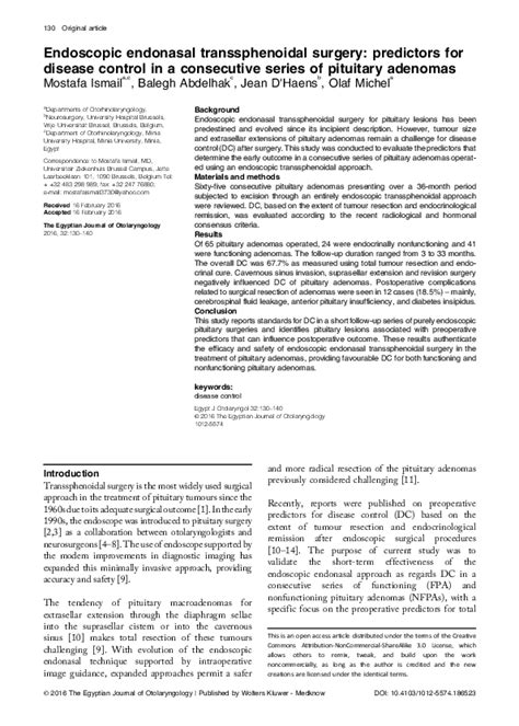 Pdf Endoscopic Endonasal Transsphenoidal Surgery Predictors For