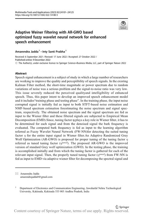 Adaptive Weiner Filtering With Ar Gwo Based Optimized Fuzzy Wavelet