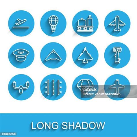 세트 라인 항공기 조타 장치 공항 활주로 비행기 이륙 낙하산 제트 전투기 및 아이콘 벡터 군복에 대한 스톡 벡터 아트 및 기타 이미지 Istock