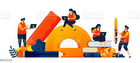 학생들은 공부하는 동안 문구에 앉아있다 수업 중 학습 장비 벡터 일러스트 개념은 방문 페이지 템플릿 Ui Ux 웹 모바일 앱 포스터 배너 웹 사이트 전단지에 사용할 수