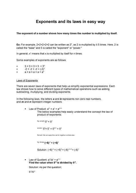 Exponents And Its Laws In Easy Way Doc Exponents And Its Laws In Easy Way The Exponent Of A