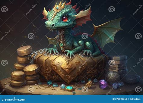 Cute Little Dragon Sitting On Pile Of Treasure Surrounded By Gems And