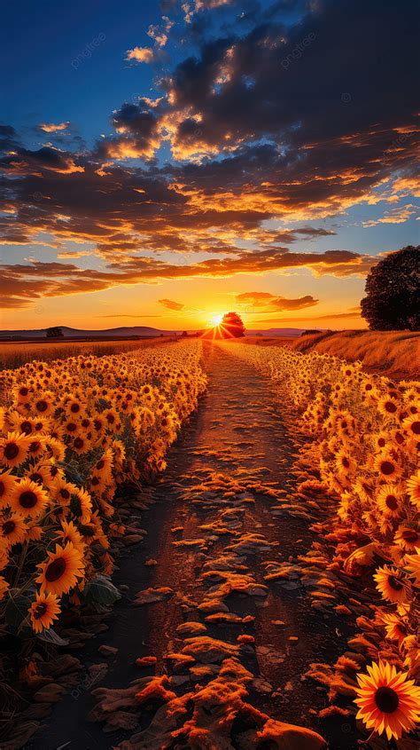 해바라기 밭 위로 지는 태양 배경 배경 화면 및 일러스트 무료 다운로드 Pngtree