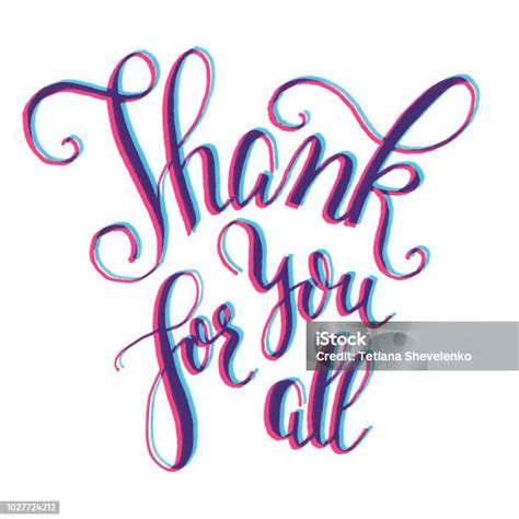 손 문자 모든 주셔서 감사 합니다 흰색 바탕에 블루 핑크 그린된 아트 텍스트입니다 감사합니다에 대한 스톡 벡터 아트 및 기타