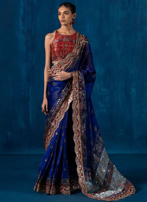 Red And Blue Embroidered Organza Saree Blue Silk Saree Organza Saree