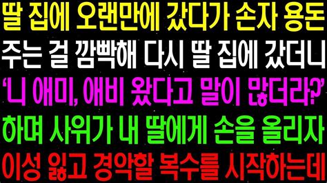 실화사연 딸 집에 오래 만에 갔다가 손자 용돈 주는 걸 깜빡해서 다시 딸 집으로 갔더니 딸이 사위에게 당하고 있는데 라디오사연