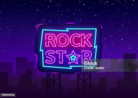 록 스타 네온 사인 벡터 일러스트입니다 록 음악 빛 배너 밝은 밤 광고에 네온 간판을 서식 파일을 디자인 합니다 벡터입니다 빌보드 0명에 대한 스톡 벡터 아트 및 기타