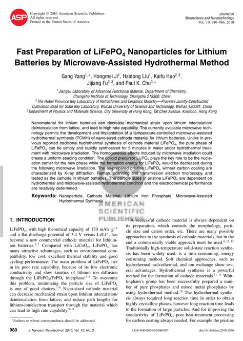 Pdf Fast Preparation Of Lifepo4 Nanoparticles For Lithium Batteries