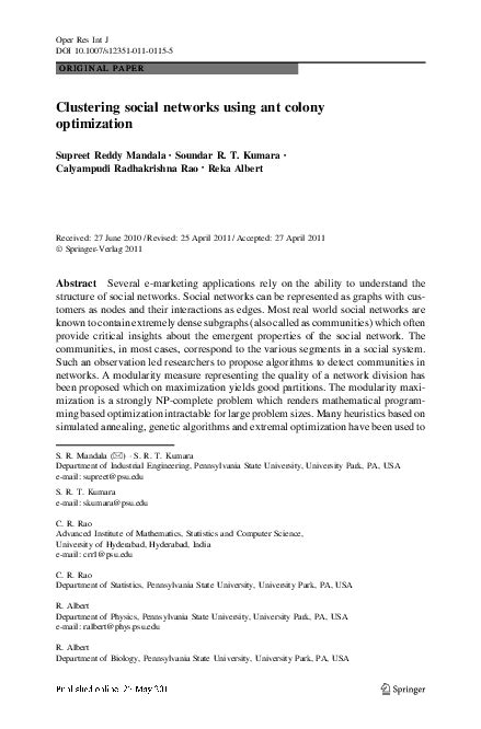 Pdf Clustering Social Networks Using Ant Colony Optimization