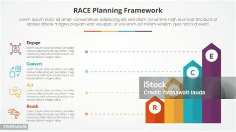 Race 프레임 워크 인포 그래픽 개념 슬라이드 프리젠 테이션에 대한 수직 직사각형 화살표와 선 설명 플랫 스타일의 4 포인트