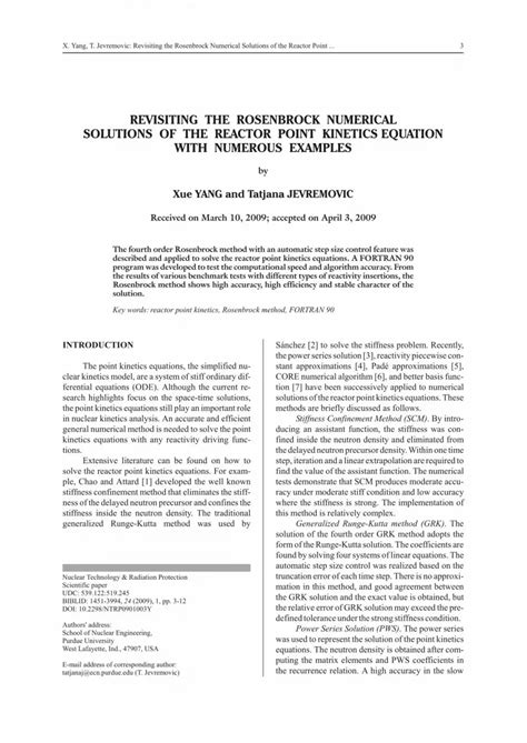 Pdf Revisiting The Rosenbrock Numerical Solutions Of The Reactor Point Kinetics Equation With