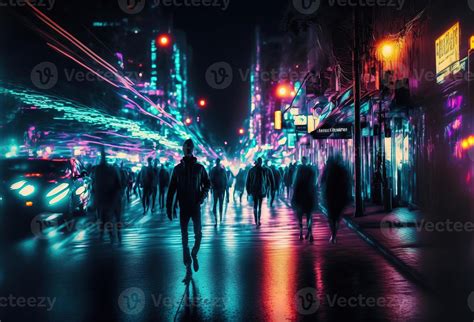 Dark Silhouettes Of People Rain Reflections In The Wet Asphalt Night