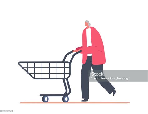 행복한 시니어 우먼 워크 쇼핑 카트 슈퍼마켓 이나 식료품에서 쾌활한 여성 캐릭터 구매 노인 구매자 소매 소비자주의에 대한 스톡 벡터 아트 및 기타 이미지 Istock