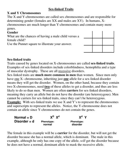 Sex Linked Traits X And Y Chromosomes The X And Y
