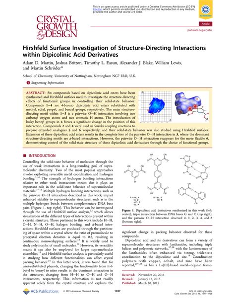 Pdf Hirshfeld Surface Investigation Of Structure Directing Interactions Within Dipicolinic