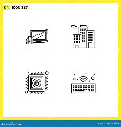Mobile Interface Line Set Of 4 Pictograms Of Computer Chip Lock Business Information Stock