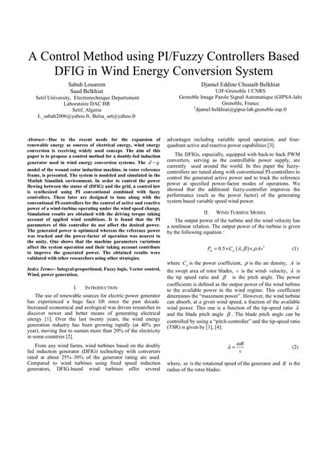 Pdf A Control Method Using Pifuzzy Controllers Based Dfig In Wind Energy Conversion System