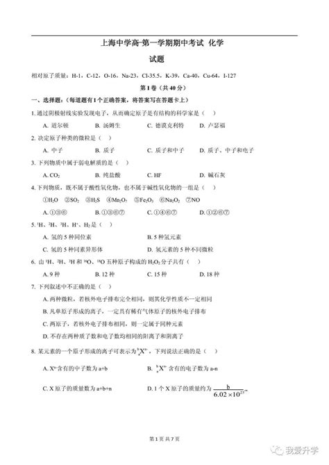 上海中学高一上学期期中考试化学试题（附答案）