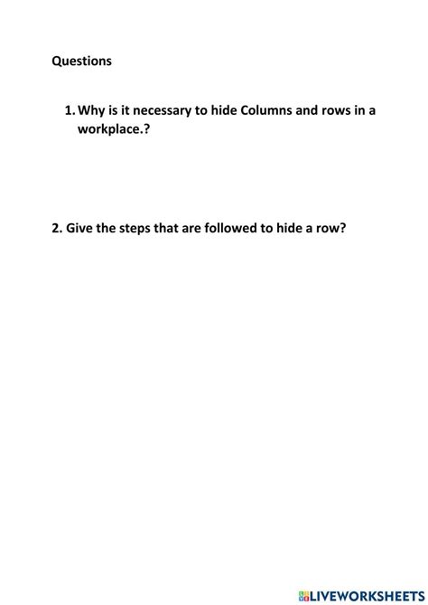 Lesson 7 Hiding And Unhiding Columns And Rows Worksheet Live Worksheets