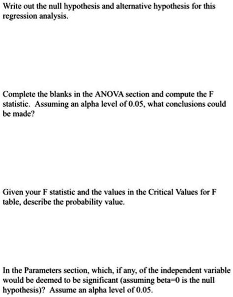 Write Out The Null Hypothesis And Alternative Hypothesis For This Regression Analysis Complete