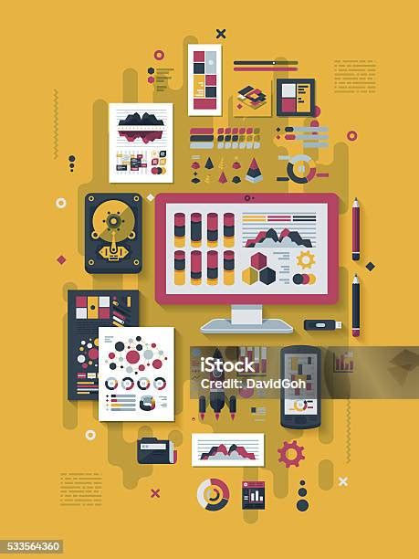 빅 데이터 평편 디자인식 컨셉입니다 그래프에 대한 스톡 벡터 아트 및 기타 이미지 그래프 그래픽 사용자 인터페이스 노트북